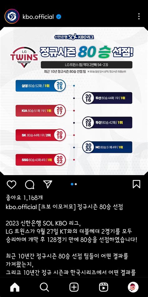 정규시즌 80승 선점 Mlbpark