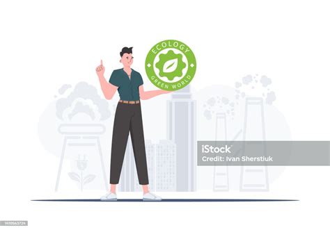 녹색 에너지와 생태학의 개념 한 남자가 Eco 로고를 손에 쥐고 있습니다 유행 트렌디 한 스타일 벡터 남자에 대한 스톡 벡터