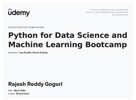 Completed Python For Data Science And Machine Learning Certification