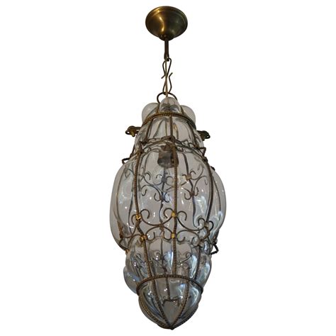 Antique Venetian Murano Pendant Light Mouthblown Glass Into A Wrought