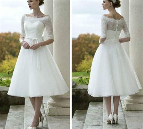 Vintage Whiteivory Short Wedding Dress Tea Length Lace Bridal Gown