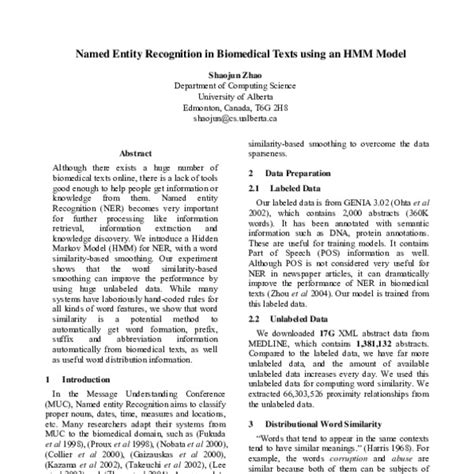 Named Entity Recognition In Biomedical Texts Using An Hmm Model Acl Anthology