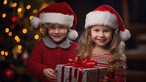 Older Brother And Little Sister In Santa Hat With T On Christmas