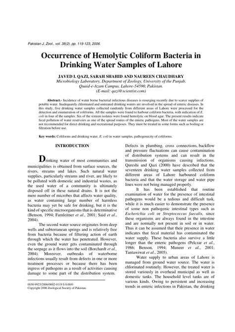 Pdf Occurrence Of Hemolytic Coliform Bacteria In Drinking Water Samples Of Lahore
