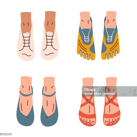 다양한 라이프스타일을 위한 맨발 신발 미니멀리스트 신발 유형 손으로 그린 컬렉션 스포츠 스니커즈의 낙서 아이콘 도시 부츠 드레스 슈즈 0에 대한 스톡 벡터 아트 및 기타