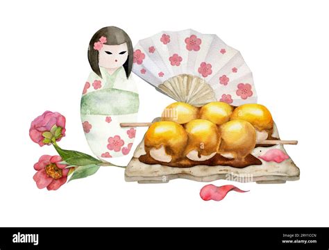 Watercolor Hand Drawn Traditional Japanese Sweets Ceramic Dish
