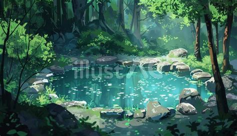 新緑の岩に囲まれた池イラスト No 24998433｜無料イラスト・フリー素材なら「イラストac」