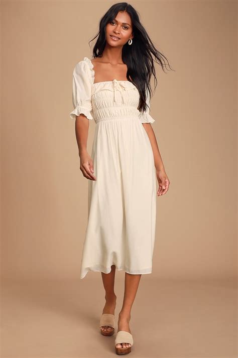 Cute Cream Midi Dress Puff Sleeve Dress Smocked Dress Dress Lulus