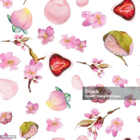 손으로 그린 일본 전통 과자가 있는 수채화 매끄러운 패턴 와가시 떡 벚꽃 흰색 배경에 격리 초대장 레스토랑 메뉴 인사말 카드 인쇄 섬유 0명에 대한 스톡 벡터 아트 및 기타