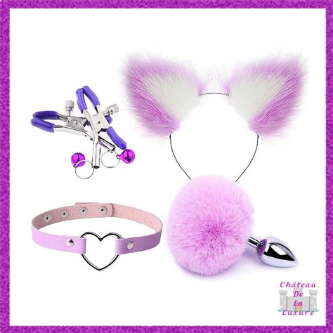 Kit Erótico Coelhinha Com Plug Pompom Tiara Gargantilha Grampo De Seio