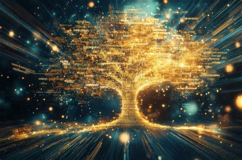 Digital Tree Of Life Representing Knowledge And Innovation With Glowing Binary Code Particles