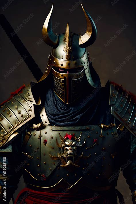Japanese Samurai In Military Armor In Traditional Samurai Clothing