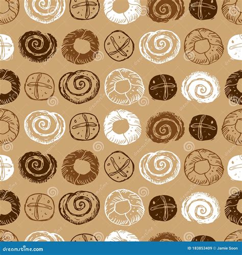 Vector Brown Hand Drawn Cinnamon Roll Sweet Buns And Donut Seamless