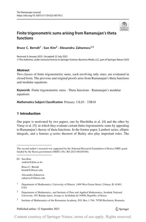 Finite Trigonometric Sums Arising From Ramanujans Theta Functions Request Pdf