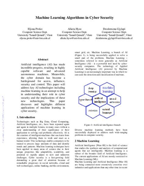 Pdf Machine Learning Algorithms In Cyber Security