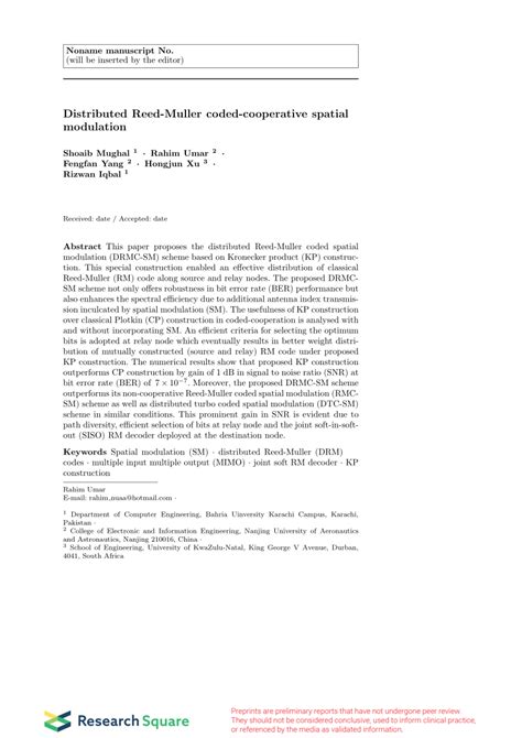 PDF Distributed Reed Muller Coded Cooperative Spatial Modulation