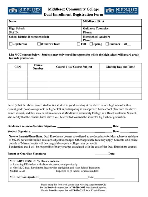 Fillable Online Middlesex Community College Dual Enrollment