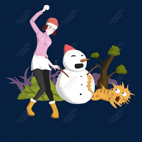 손으로 그린 겨울 풍경 눈 연주 소녀 문자 그림 Png 일러스트 무료 다운로드 Lovepik