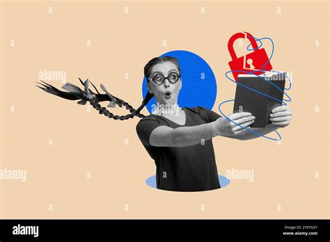 Creative Trend Collage Of Funny Female Read Book Nerd Lock Sign In