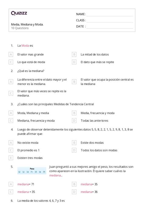 50 Media Mediana Y Moda Hojas De Trabajo Para Grado 4 En Quizizz