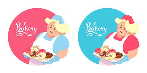 흰 앞치마를 입은 제빵사가 신선한 색의 유약 도넛 트레이를 들고 있다 손으로 쓴 비문 빵집 여성 요리사는 서리가 내린 도넛으로 요리합니다 제과자 과체중에 대한 스톡 벡터