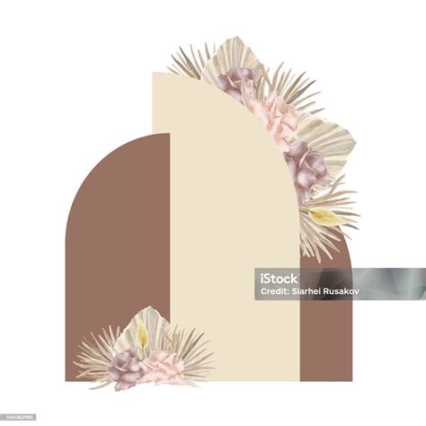 보헤미안 웨딩 아치 장식 디자인 초대장 템플릿 수채화 이국적인 말린 루나리아 장미 팜파스 잔디 꽃과 마른 잎 0명에 대한 스톡