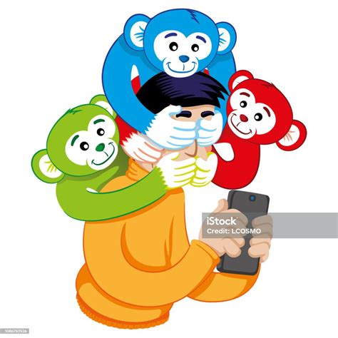 인식 비유에 관한 원숭이 장 님 귀 머 거리와 무언의 메시지 무관심 하 고 소셜 네트워크와 인터넷의 사용으로 인해 그의 주위 이벤트에 고립 된 사람 개념에 대한 스톡 벡터