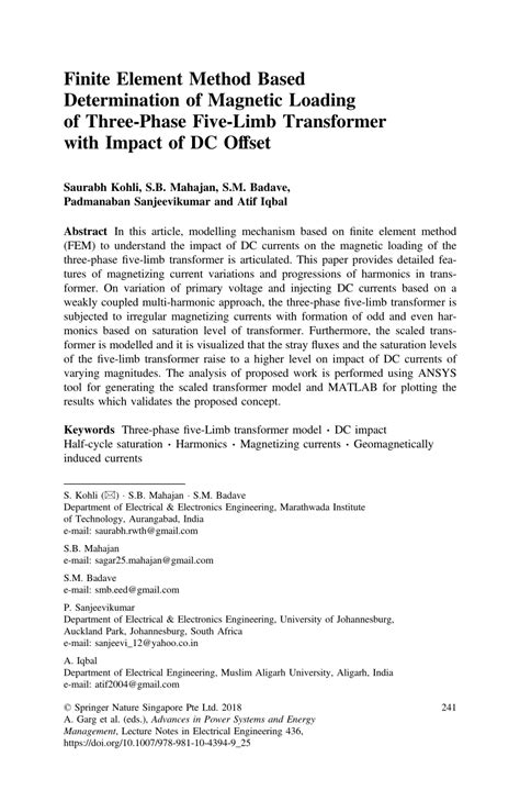 Pdf Finite Element Method Based Determination Of Magnetic Loading Of Three Phase Five Limb
