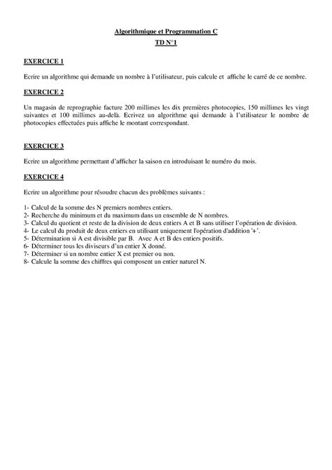 Td1 Algo Algorithmique Et Programmation C Td N° Ex Ercic E 1 Ec Rire