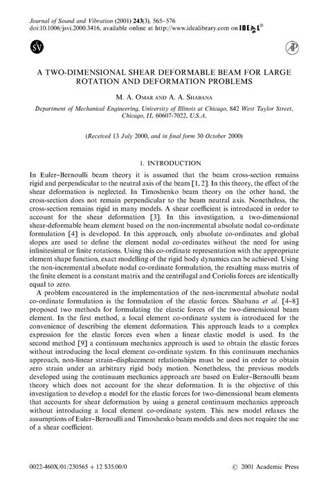 A Two Dimensional Shear Deformable Beam For Large Rottation Journal Of Sound And