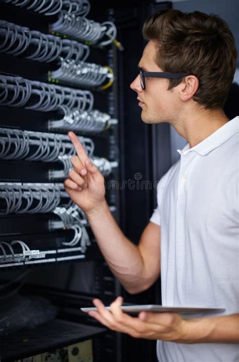 Server Room Information Technology And Man With Tablet Check