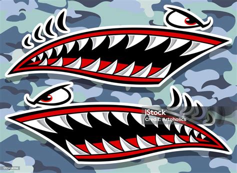 비행 호랑이 상어 이빨 자동차 데칼 화난 상어 입 오토바이 가스 탱크 스티커 위장 배경 교통수단에 대한 스톡 벡터 아트 및 기타 이미지 교통수단 군사 군용헬멧