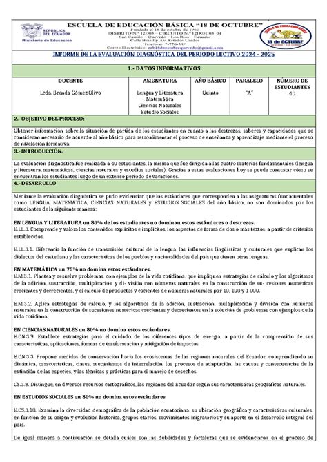 Formato De Informe De La Evaluacion Diagnostica 2024 2025 Informe De