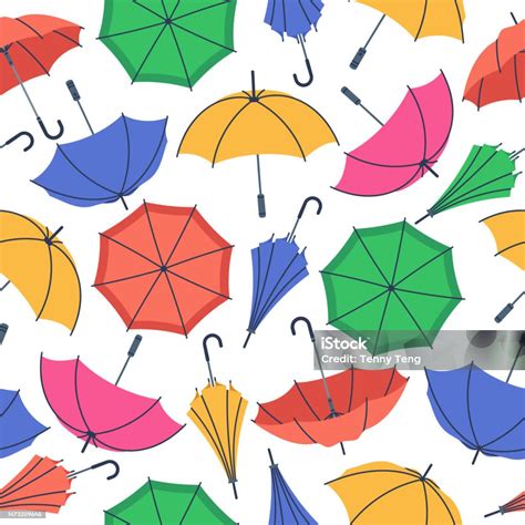 만화 우산 원활한 패턴입니다 열고 닫히고 접힌 우산 다채로운 비오는 계절 파라솔 평면 벡터 배경 그림 우산 끝없는 디자인 우산에 대한 스톡 벡터 아트 및 기타 이미지