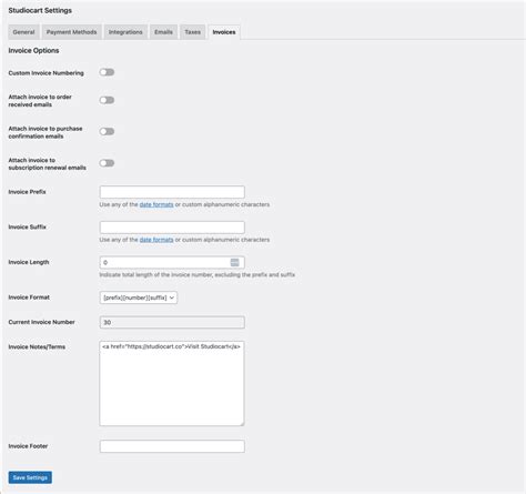 Studiocart Invoice Settings Studiocart