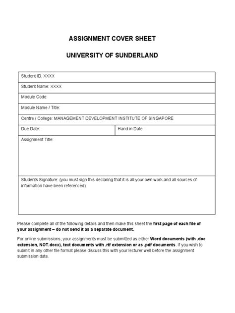 Assignment Cover Sheet Sample Pdf