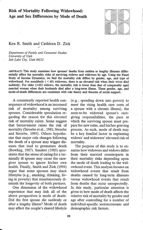 Pdf Risk Of Mortality Following Widowhood Age And Sex Differences By