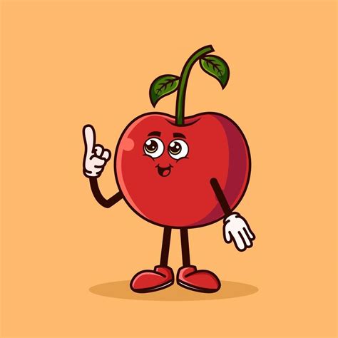 Cute Cherry Fruit Character With Happy Face And Gesture Pointing Up