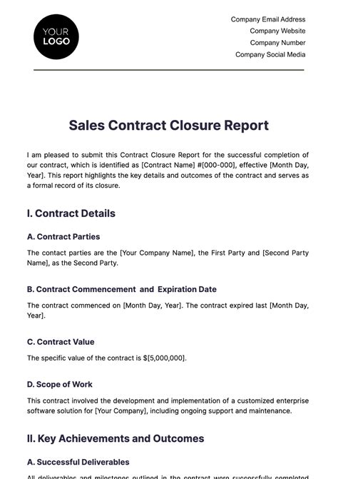 Free Sales Contract Closure Report Template To Edit Online