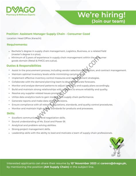 Dvago Jobs Assistant Manager Supply Chain
