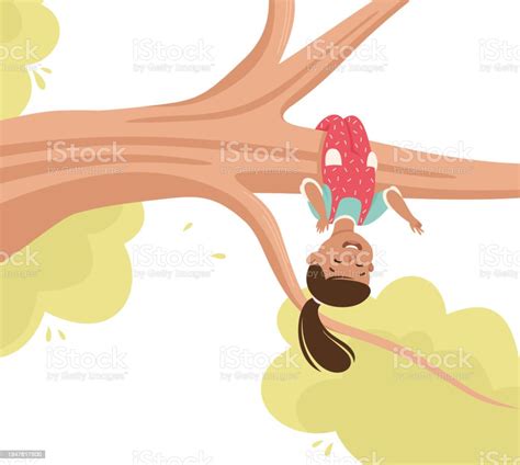 Happy Girl Hanging Upside Down On Tree Branch Having Fun Enjoying