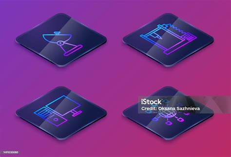 아이소 메트릭 라인 레이더 컴퓨터 모니터 3d 프린터 및 소셜 네트워크를 설정합니다 파란색 사각형 버튼입니다 벡터 0명에 대한