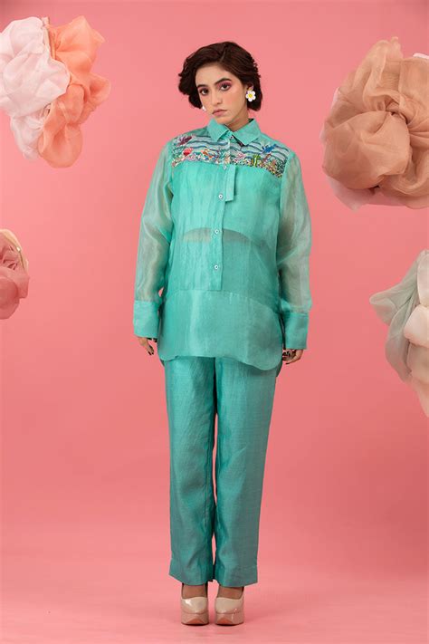 Sky Blue Embellished Organza Silk Co Ord Set Chinaya Banaras