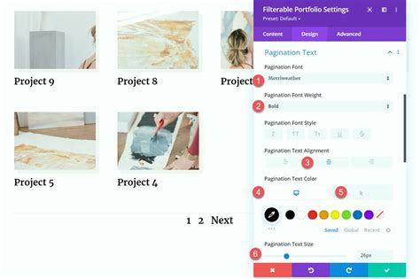 how to style the pagination in divi s filterable portfolio module ask