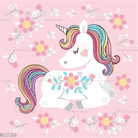 무지개 갈기와 꼬리가 있는 귀여운 흰색 유니콘 아이들의 책 인쇄 인사말 카드 티셔츠를 위한 벡터 일러스트레이션 T 셔츠에 대한 스톡 벡터 아트 및 기타 이미지 Istock