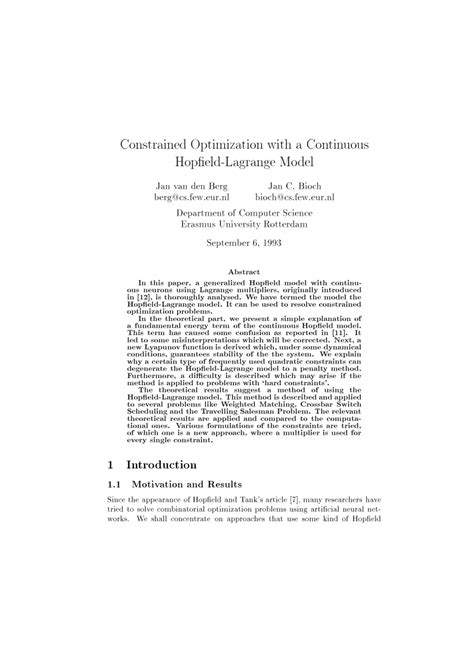 Pdf Constrained Optimization With A Continuous Hopfield Lagrange Model