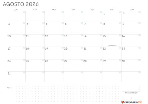 Calendario Agosto 2026 Da Stampare Pdf Gratis