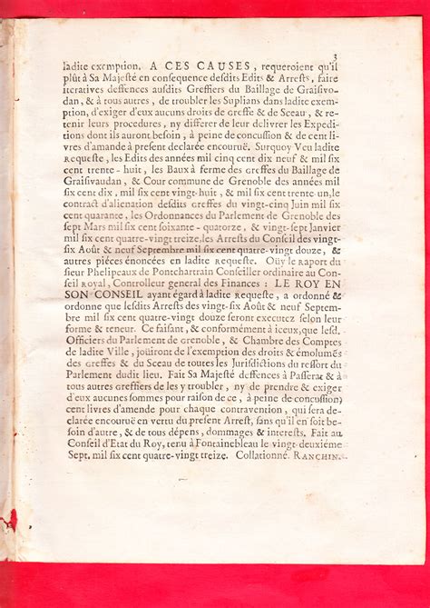 ARREST DU CONSEIL D ETAT DU ROY Du 22 Septembre 1693 Qui Confirme