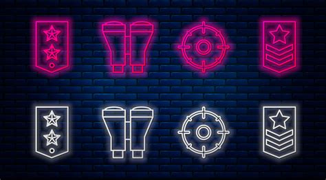 세트 라인 쌍안경 사격 경쟁을위한 대상 스포츠 쉐브론 및 쉐브론 벽돌 벽에 빛나는 네온 아이콘입니다 벡터 갈매기표 수장에 대한 스톡 벡터 아트 및 기타 이미지 Istock