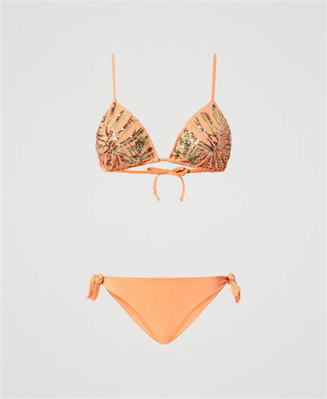 Triangle Bikini Top With Embroidery And Thong Woman Orange Twinset